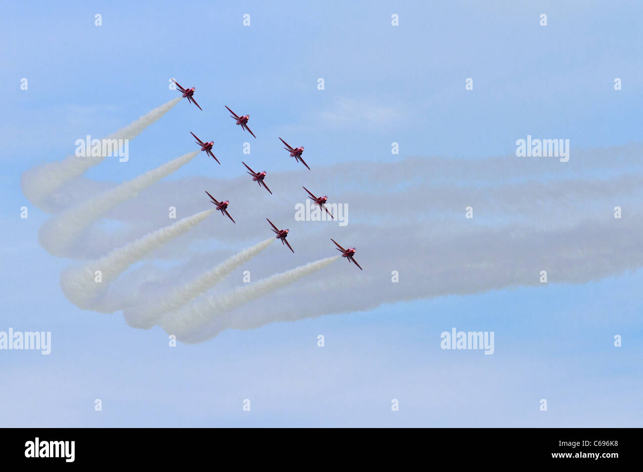 The Red Arrows do a display over the beach at Swansea Bay Stock Photo ...