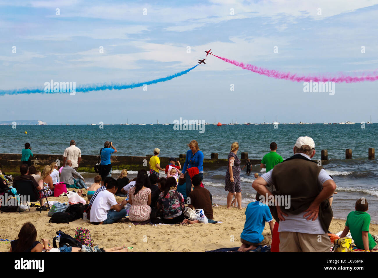 The Red Arrows do a display over the beach at Swansea Bay Stock Photo ...