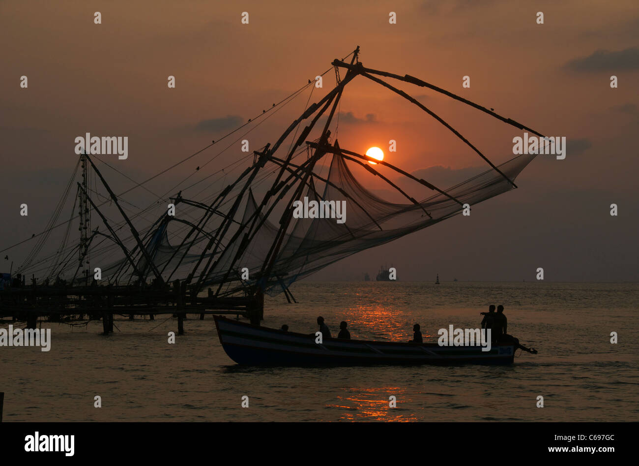Chinese fishing nets at sunset Fort Cochin Kerala South India Stock ...