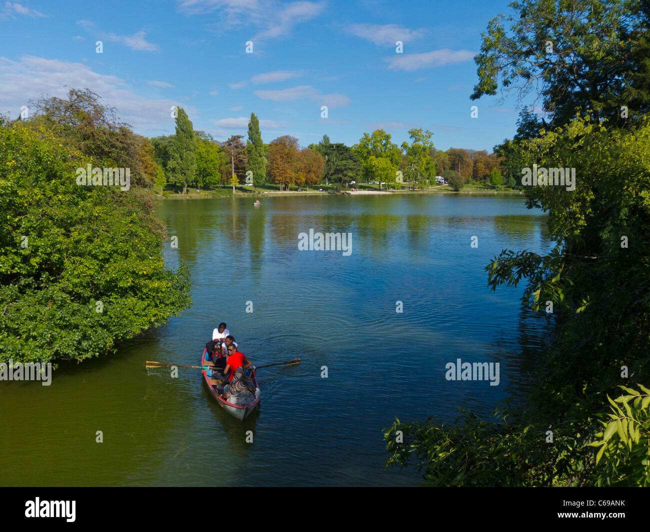 Paris, France, Landscape, Family Boating on Lake in Urban Park, 'Bois ...