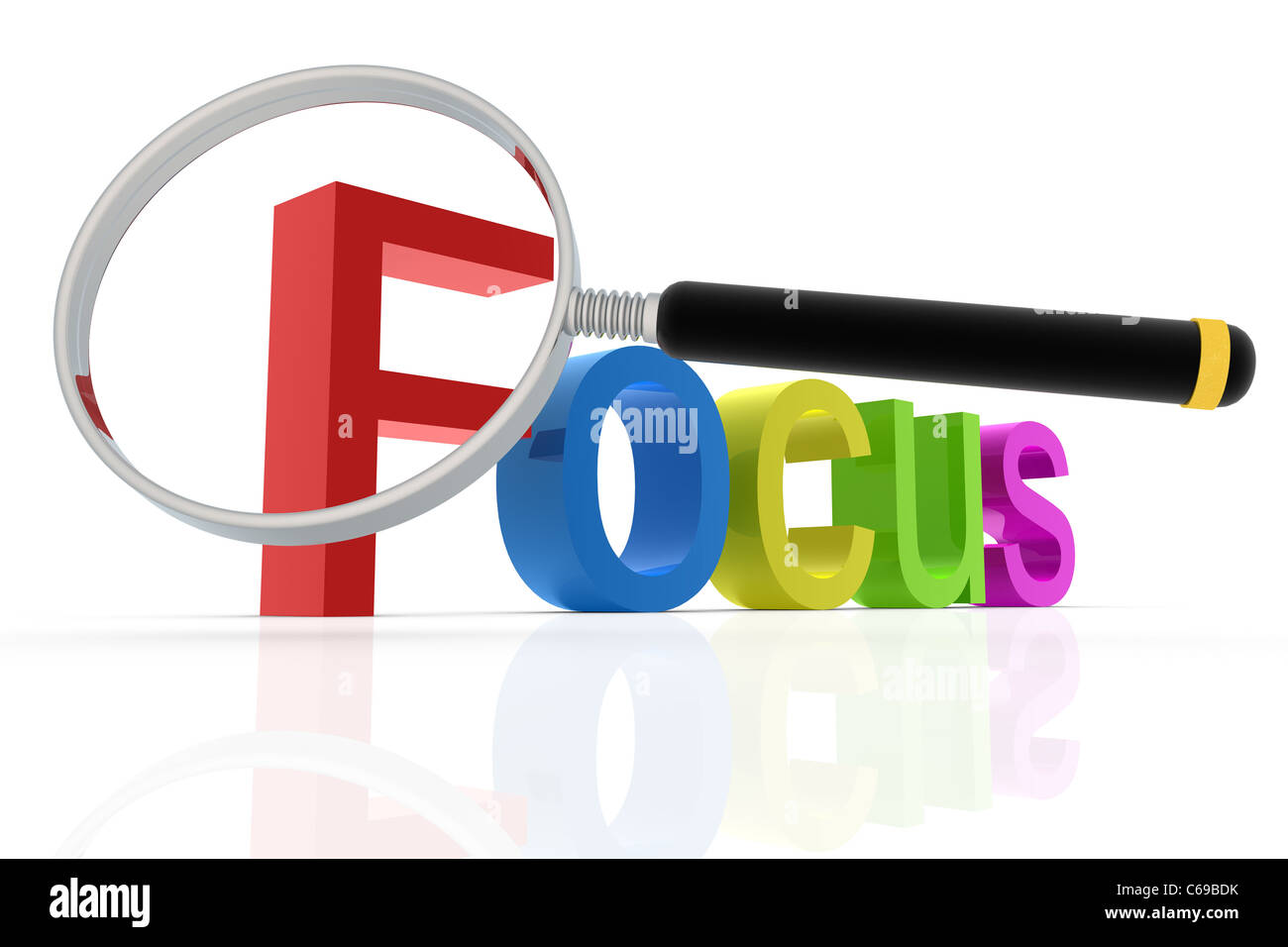 3D rendered illustration of magnifier at the word Focus Stock Photo - Alamy
