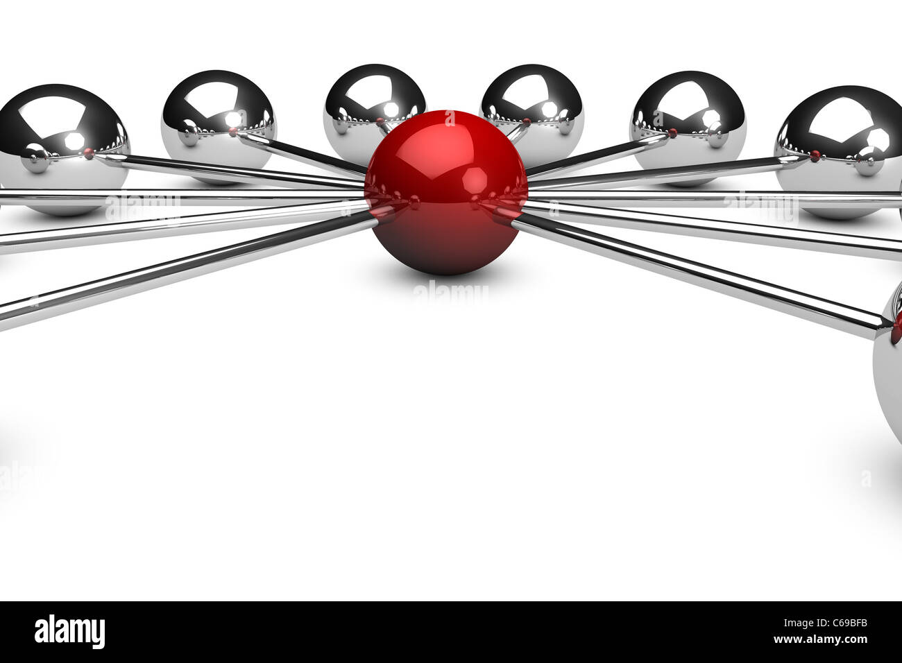 Three dimensional network concept on white background with a red sphere ...