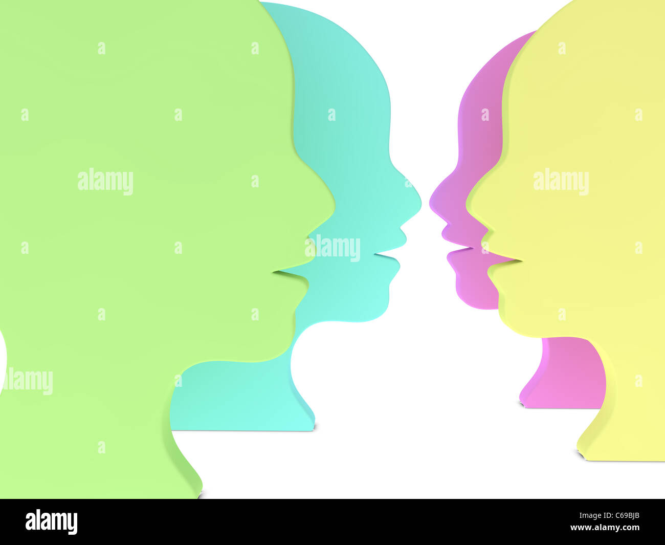 Abstract 3d illustration of different color faces on white background ...