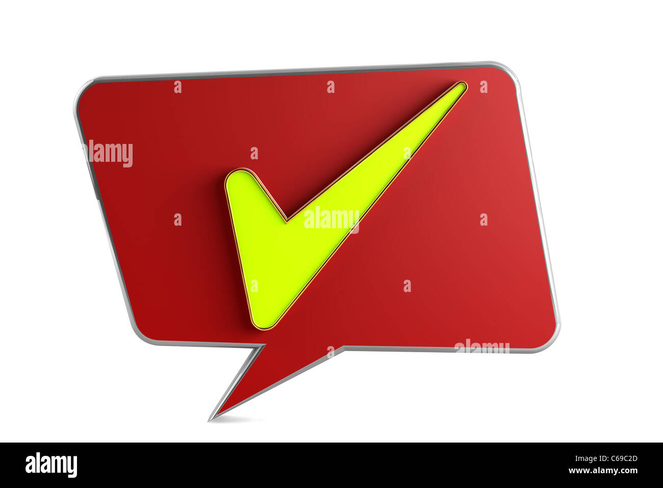 Speech bubble with a tick sign on white background Stock Photo - Alamy