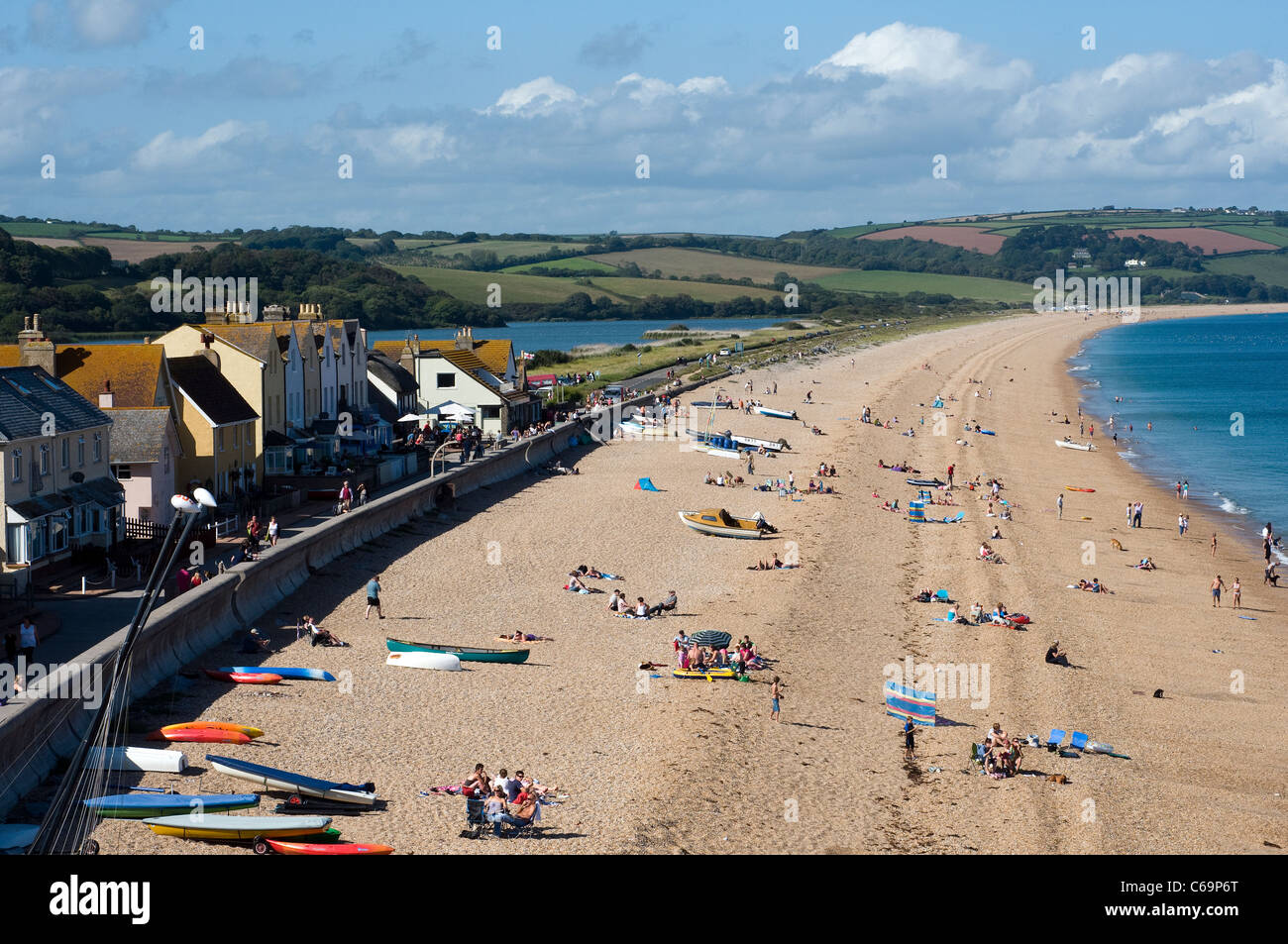 Village of Torcross at the Western end of the long sand spit of Slapton ...