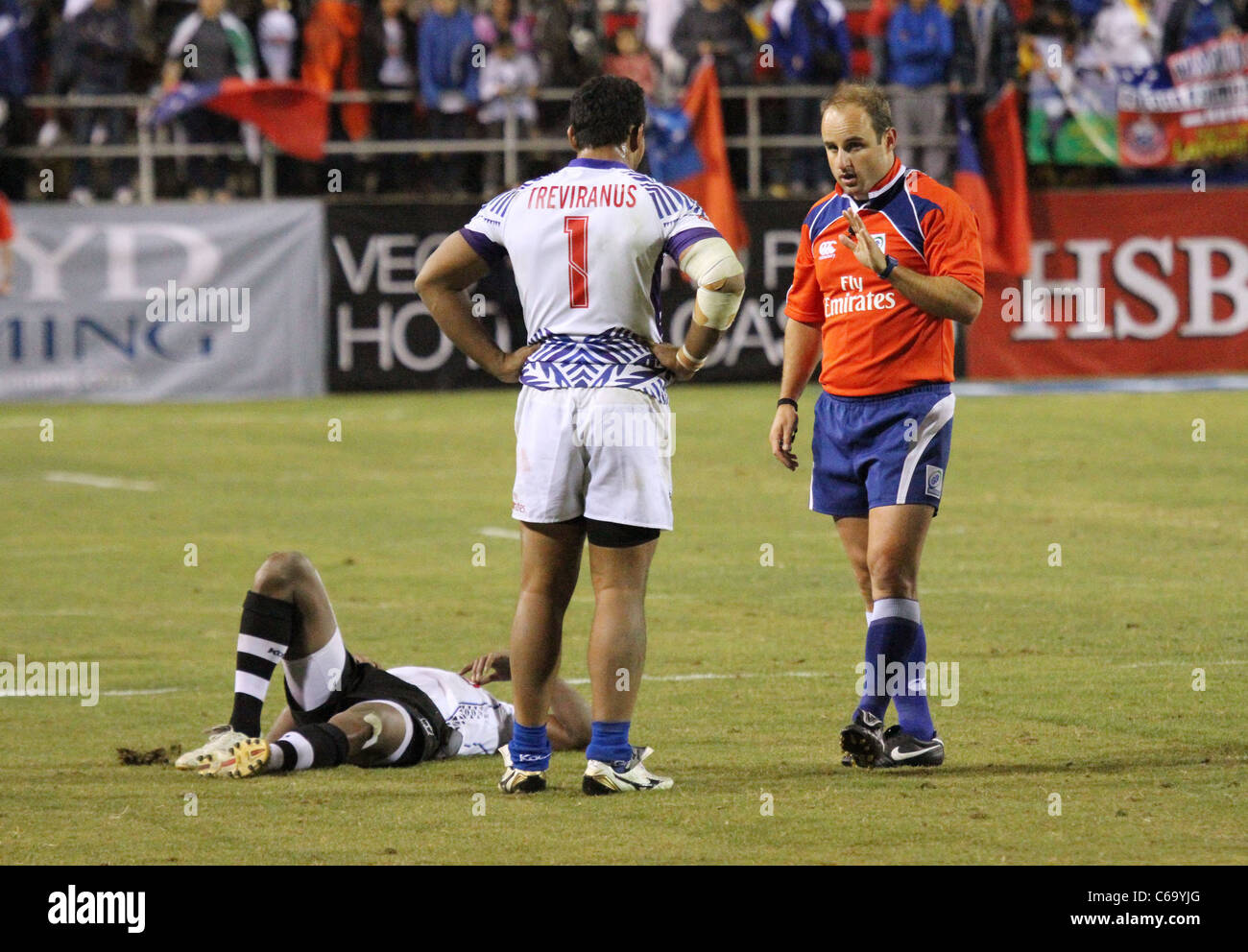Mitieli Nacagilevu of Fiji, Ofisa Treviranus of Samoa, Referee Stuart ...
