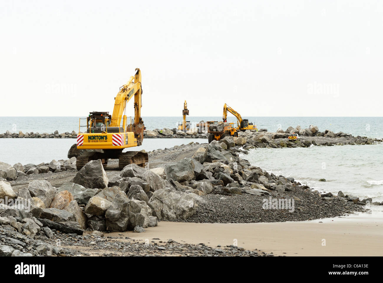The construction of an artificial reef, part of sea defences for the ...