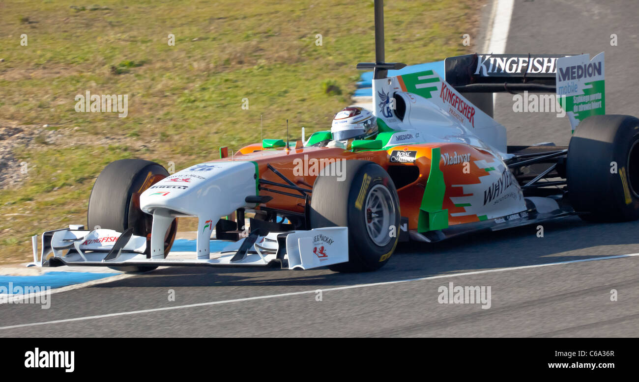 Adrian Sutil of Force India F1 takes a curve on training session Stock ...