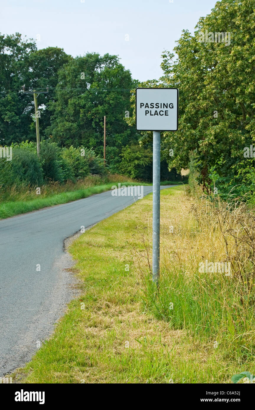Passing place places sign on grass verge of narrow rural road North ...