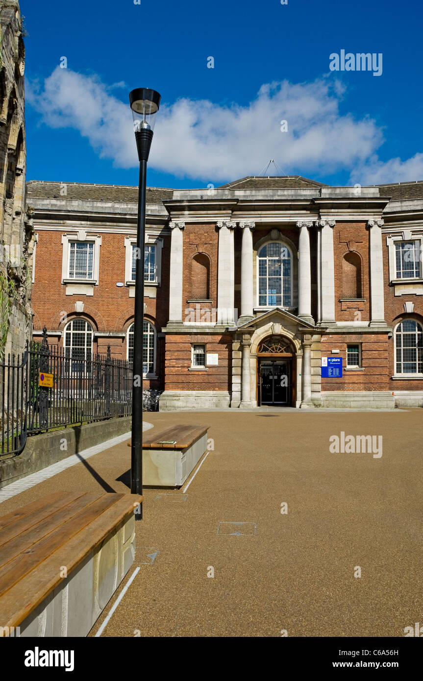 Entrance to Explore York Library in the city town centre in summer York ...