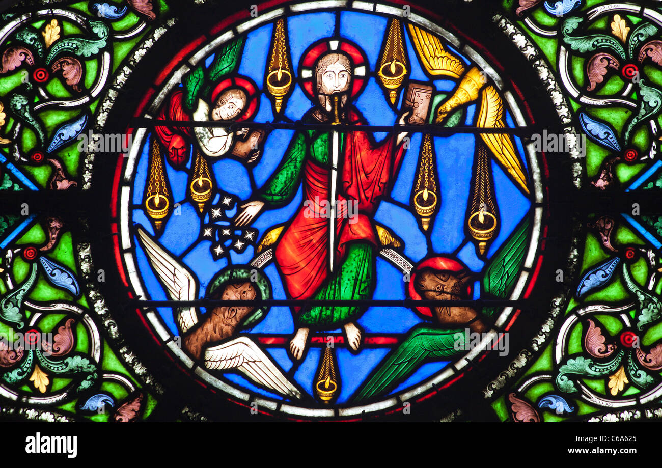 Paris - windowpane from Saint Denis gothic church - Jesus and four ...