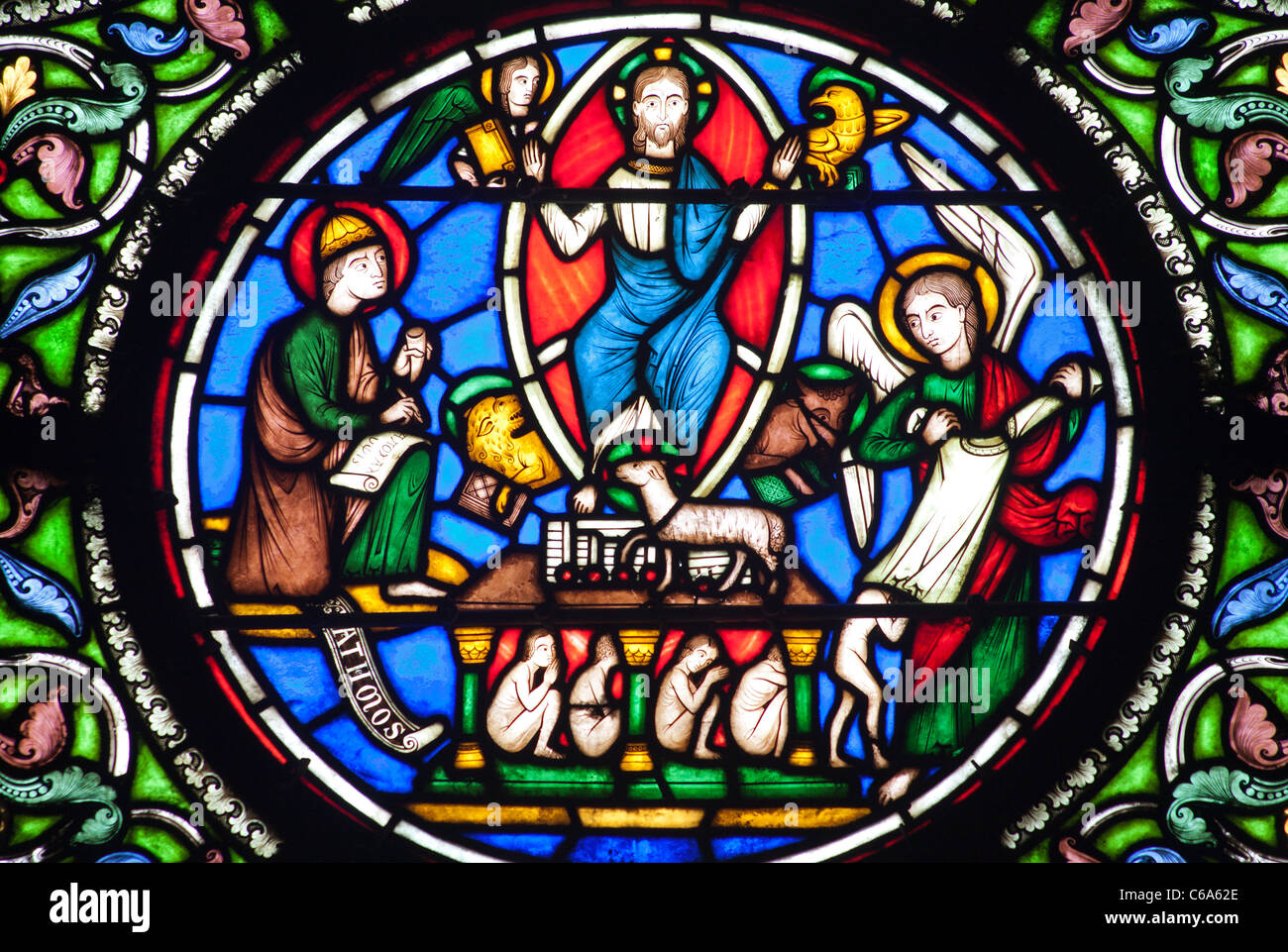 Paris - windowpane from Saint Denis gothic church - Jesus and four ...