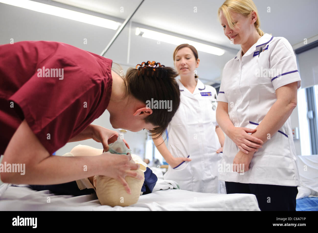 student nurses and teachers practicing resuscitation cpr on dummy ...