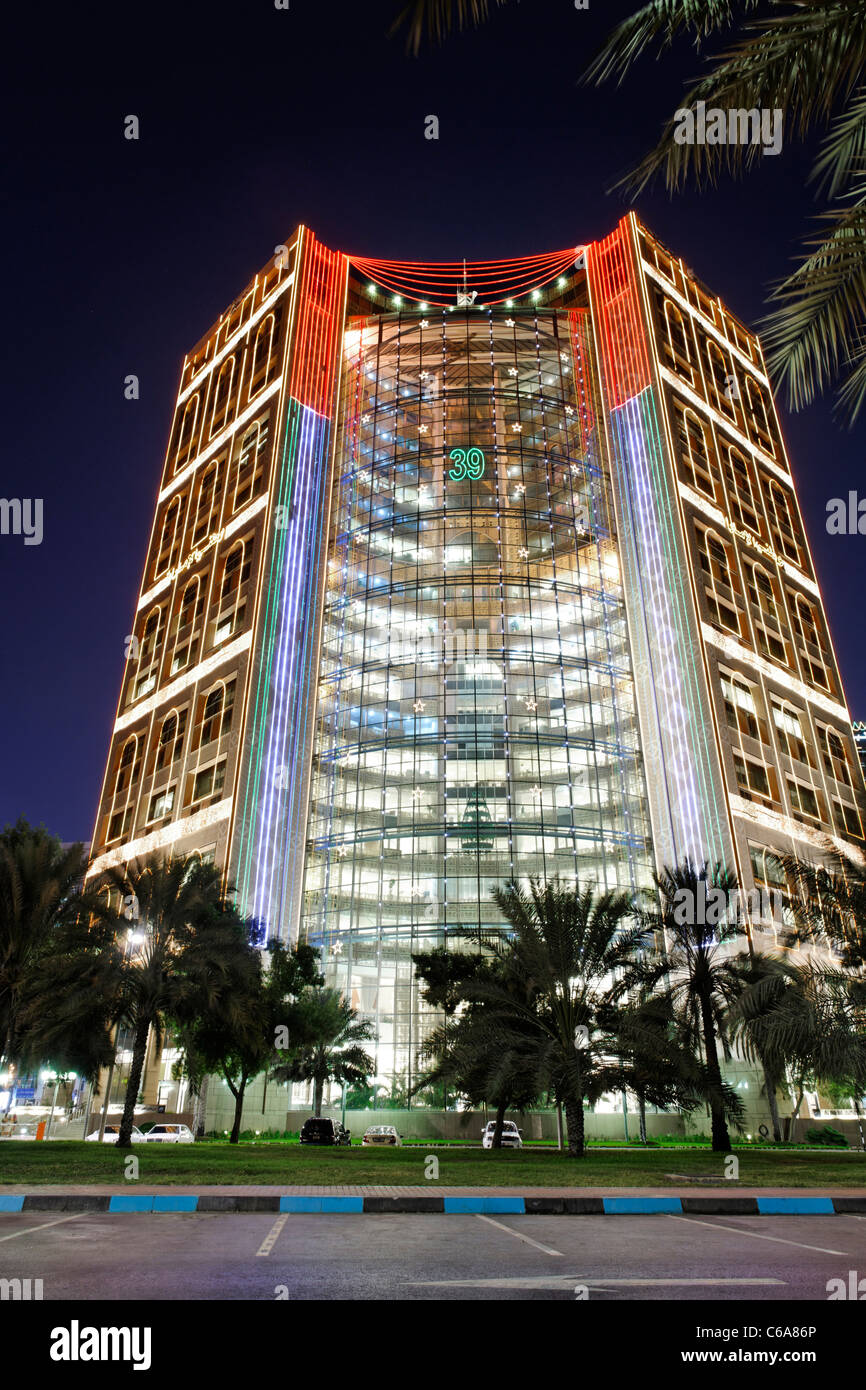 High-rise buildings on Corniche Road, illuminated with LED lights, Abu ...