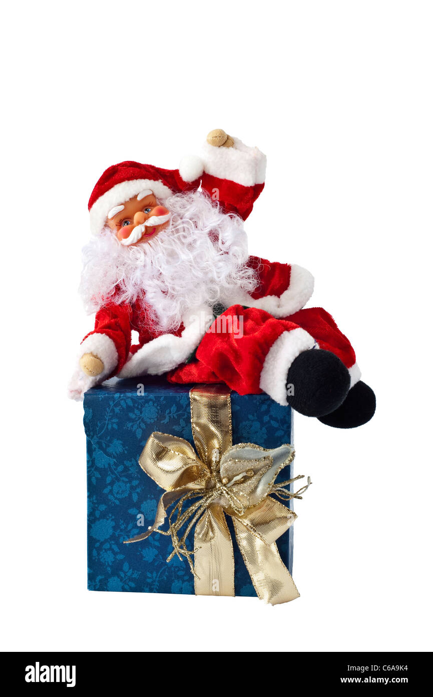 Snowman Santa Claus on a package on a white background Stock Photo - Alamy