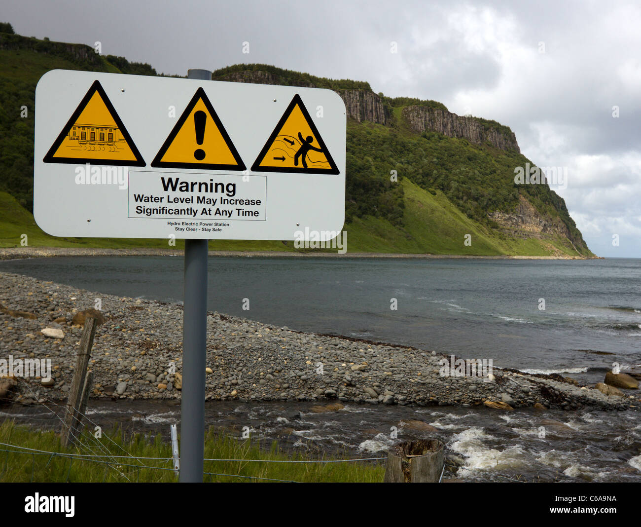 Hydro-electric power station warning sign, Bearreraig Bay near Portree ...
