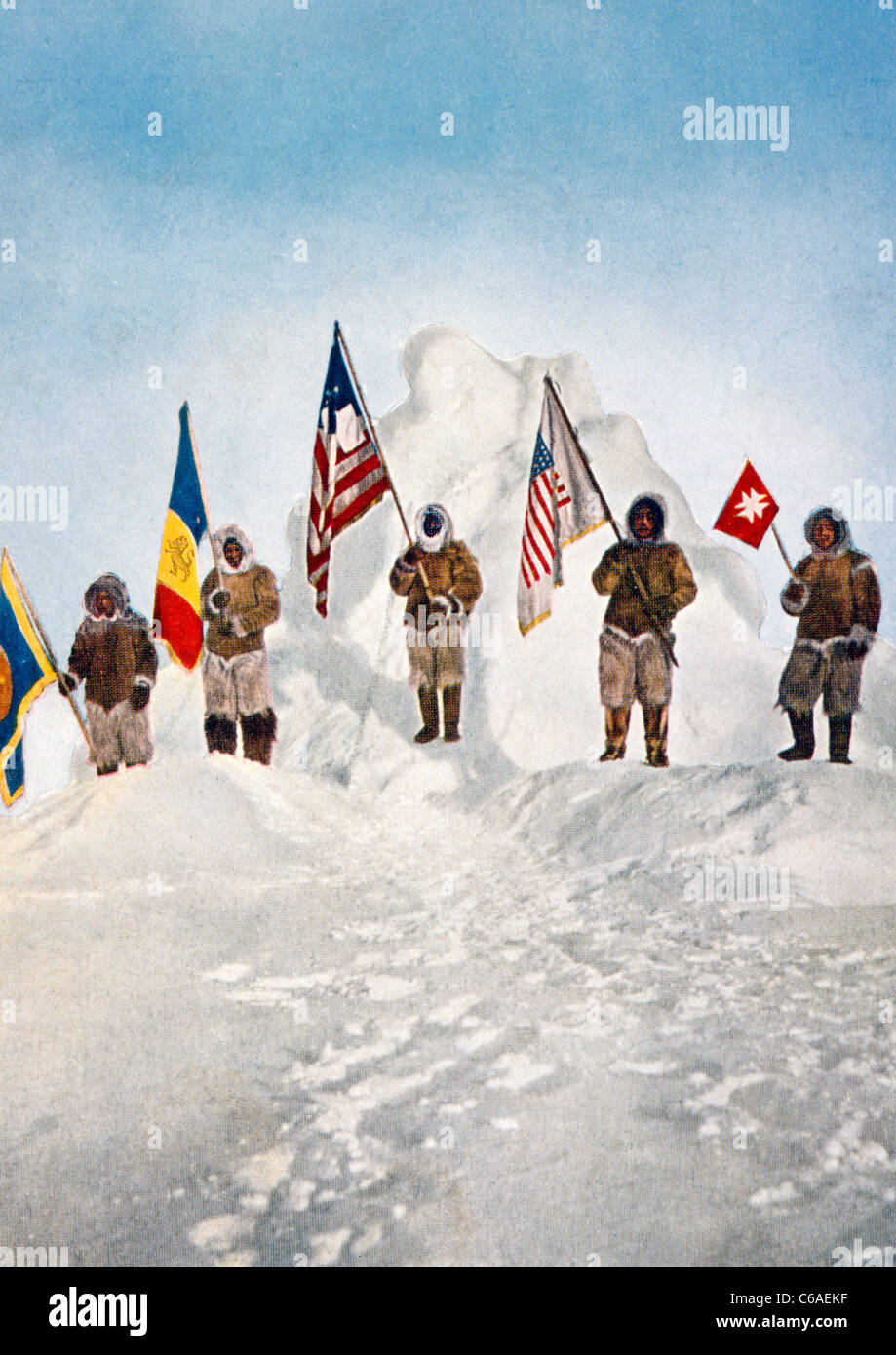 The five flags at the Pole - Five explorers holding flags of five ...