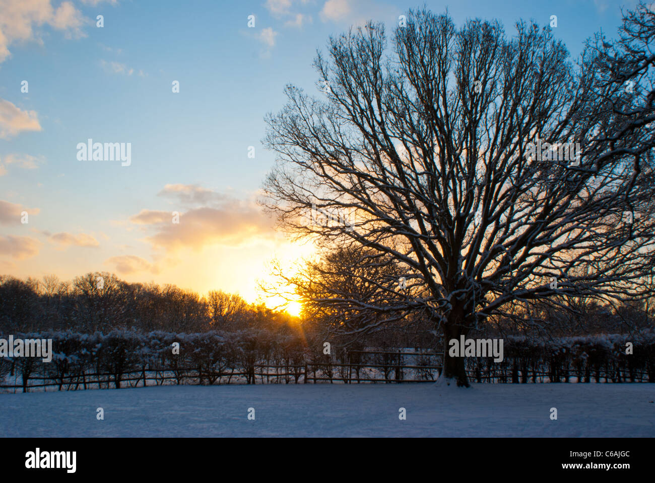A snow scene on a cold winters morning at sunrise with a blue sky and ...