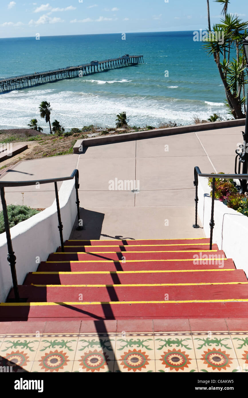 Steps leading down to the ocean, view from a Mexican style house Stock ...