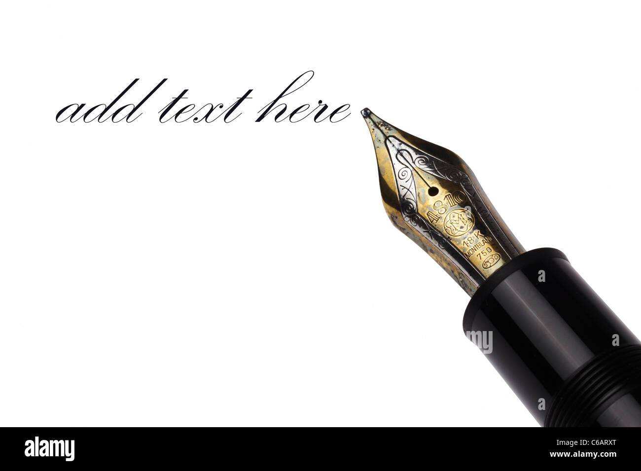 Fountain pen nib on white background with the words 'add text here' in ...