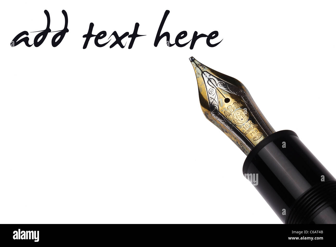 Fountain pen nib on white background with the words 'add text here' in ...