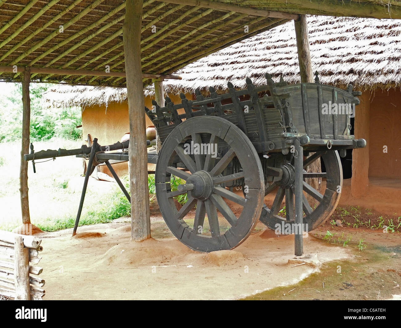 An old wooden bullock cart is displayed in a museum, Madhya pradesh ...