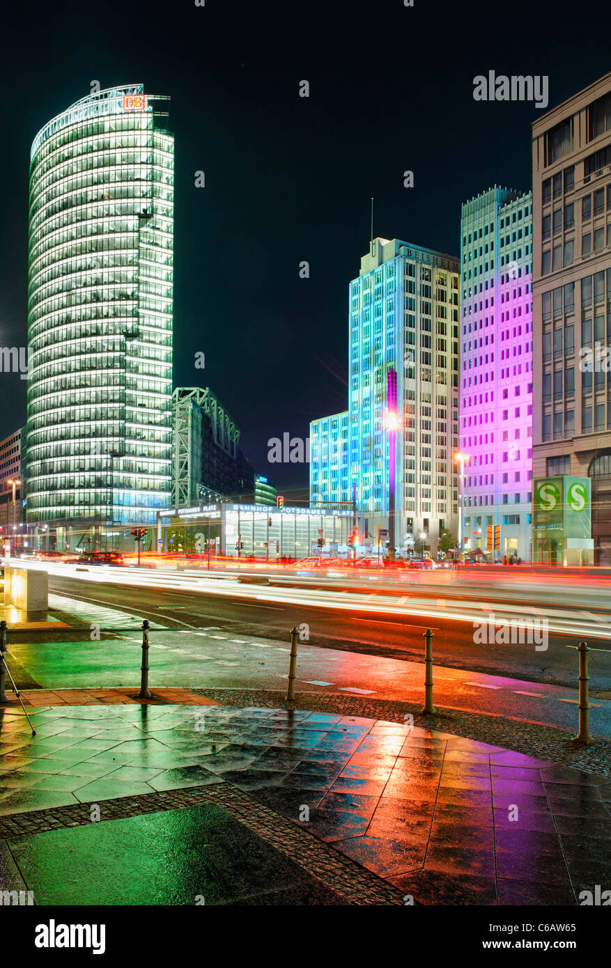 High rise buildings on potsdamer platz square at night hi-res stock ...