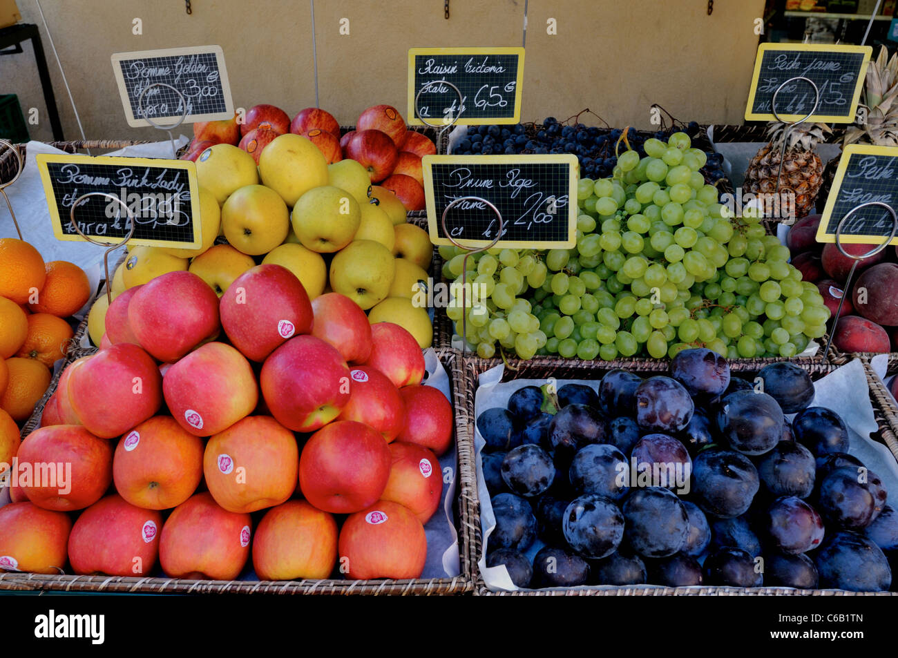 Fruits at the market at Saint Maxim town on the French Riviera ...