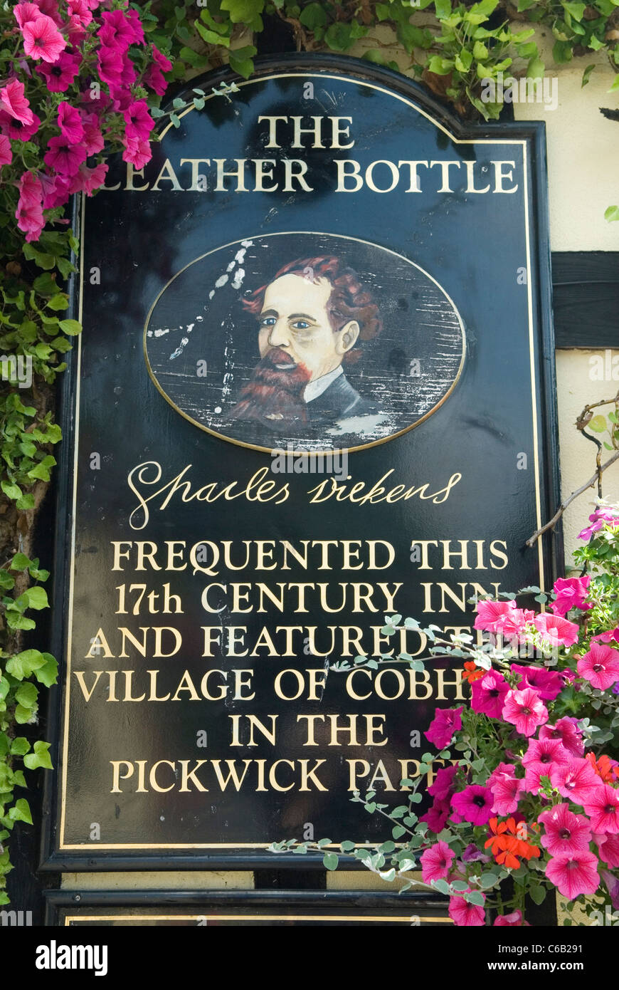 The Leather Bottle Cobham Kent. UK. Pub sign. Charles Dickens Stock ...