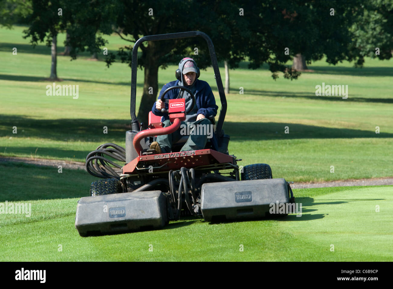 Groundsman preparing the green at Stanmore Golf Course on a sunny ...
