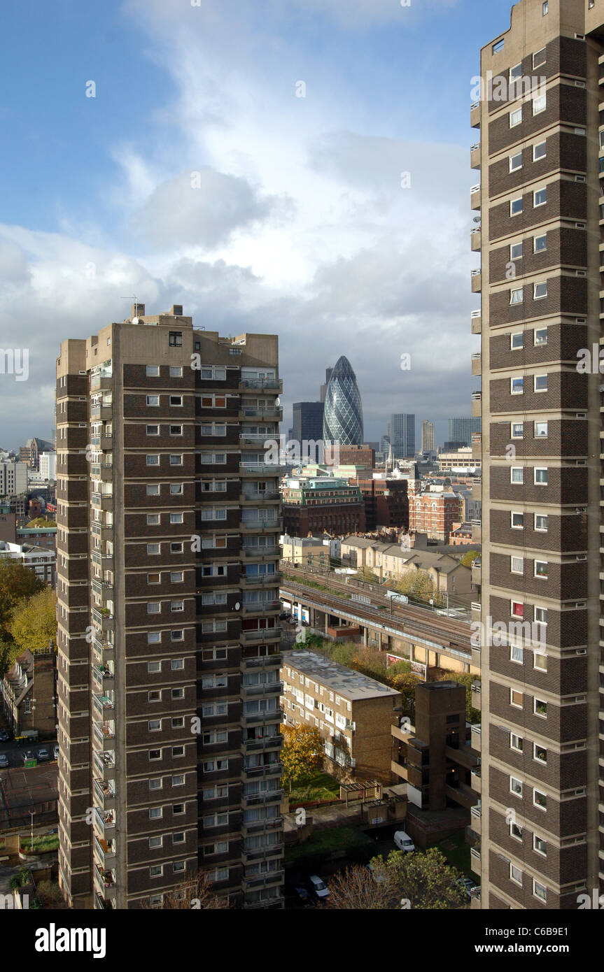 Aeriel view of St Georges Estate, London, showing two tower blocks with ...
