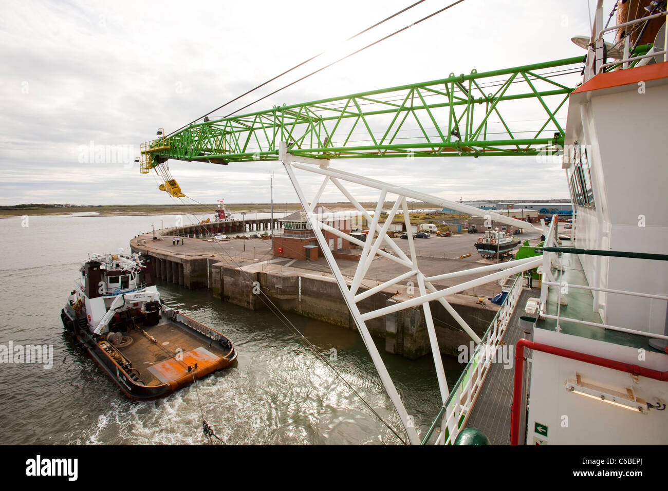 A tug boat towing a jack up barge, the Goliath, out to work on the ...