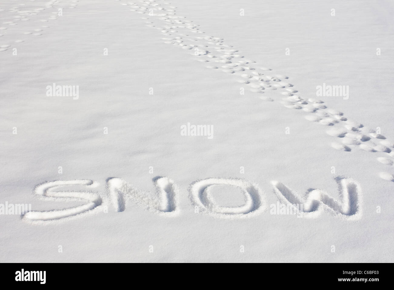 The word "SNOW" imprinted in a fresh snowy field beside footprints ...