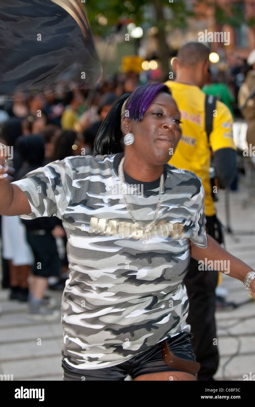 Band member from Mangrove steelband playing steel drums at the Notting ...