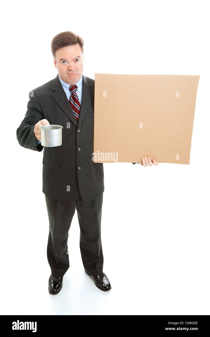 Broke, unemployed businessman begging, with a cardboard sign and a tin ...