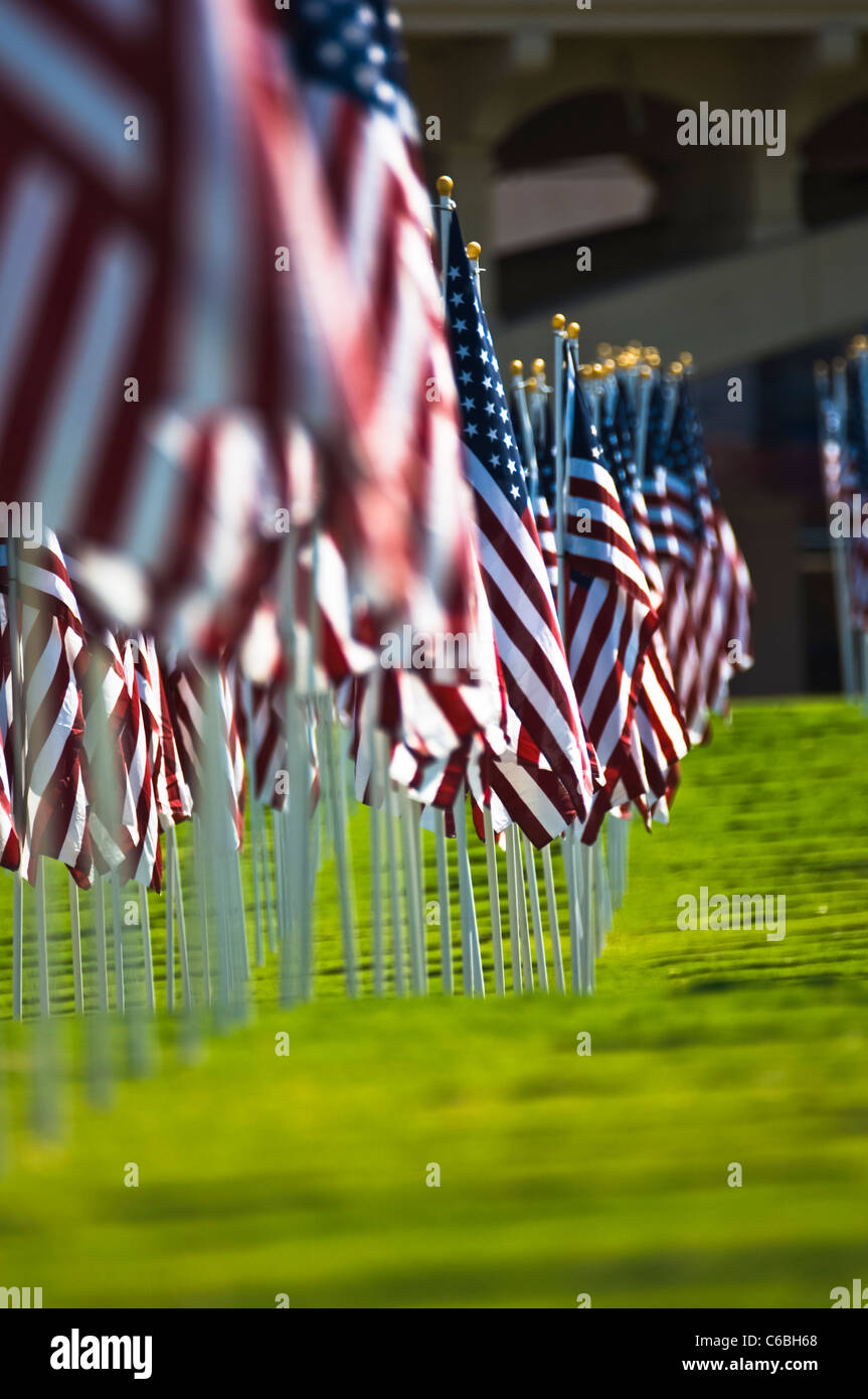 Hundreds of U.S.A. flags set up for a 911 program at Tempe Town Lake ...