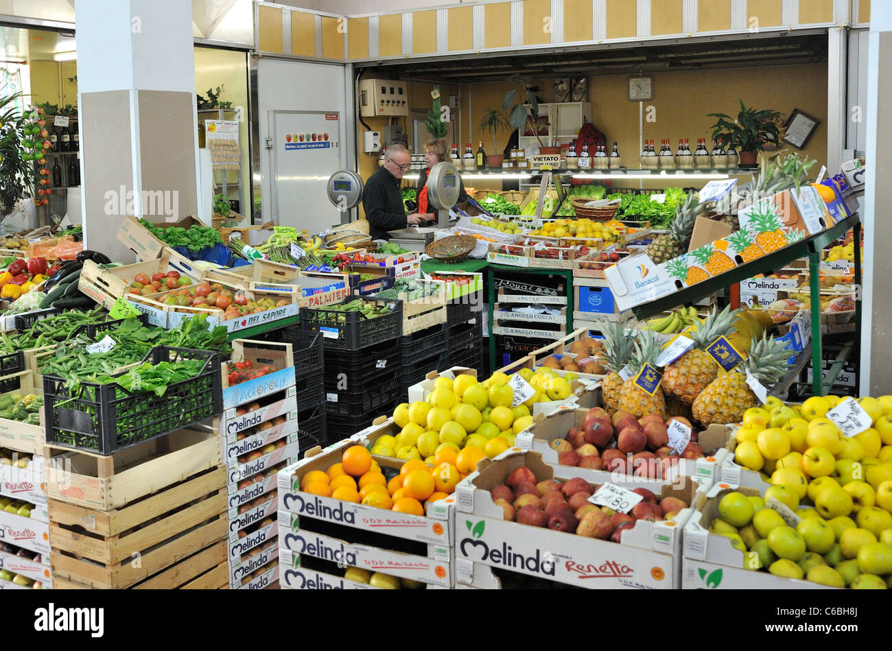 fruit and veg stand indoor market Oneglia Imperia Italy Stock Photo - Alamy