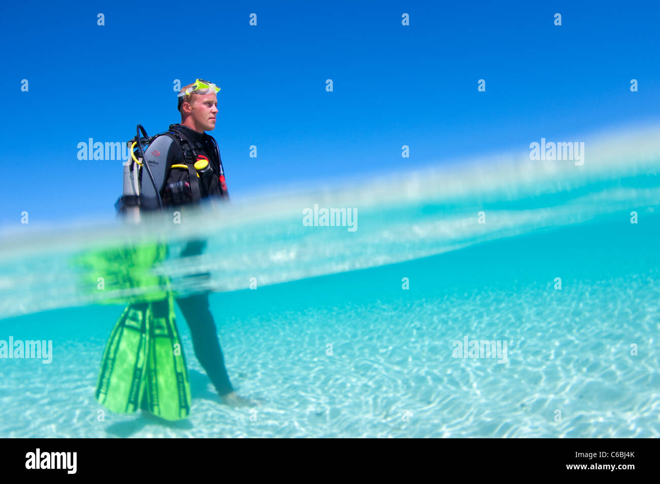 Split shot of scuba diver standing in clear waters in the shallows ...