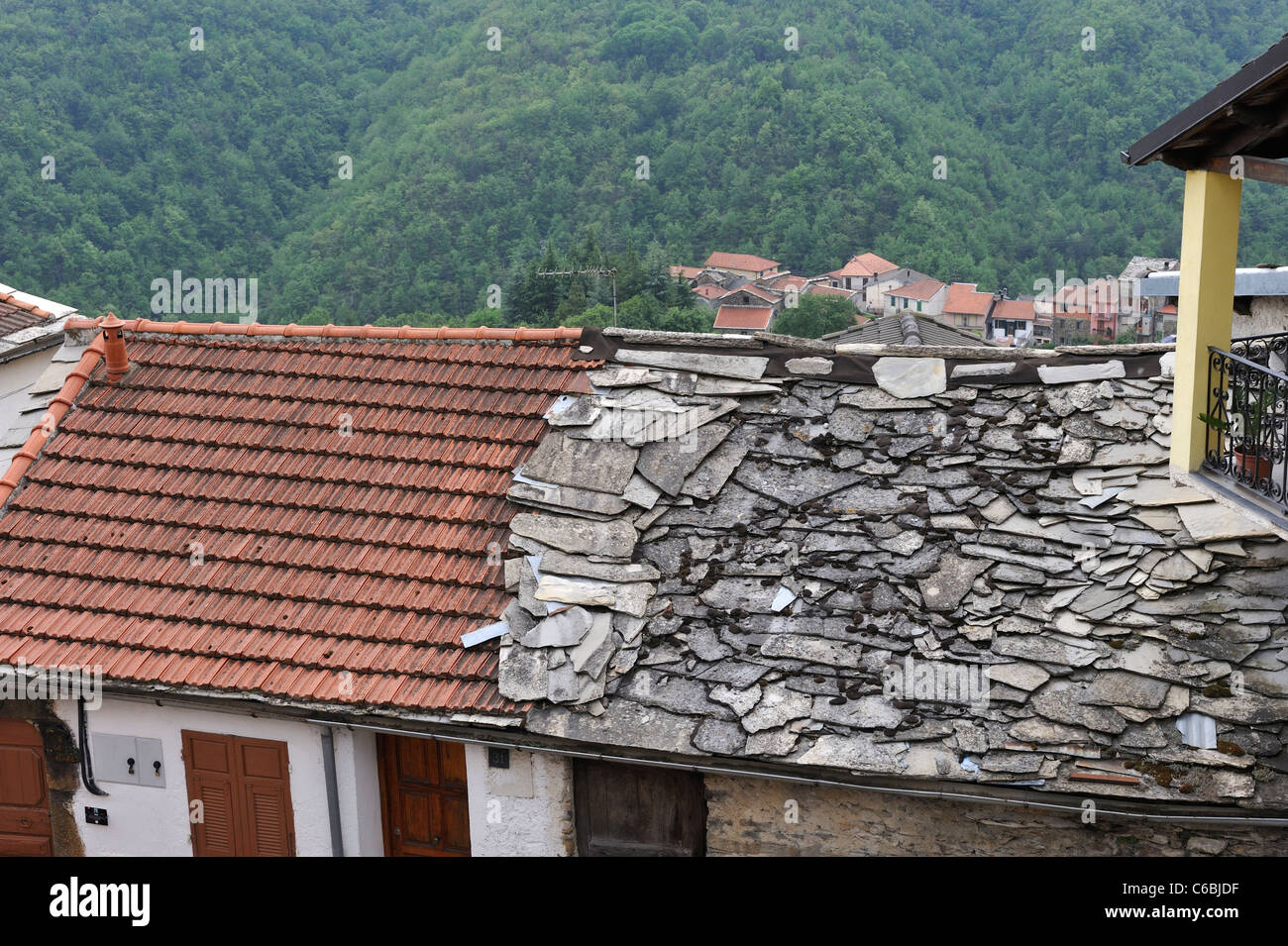 Two contrasting roofing types in Rezzo Liguria northwest Italy on the ...