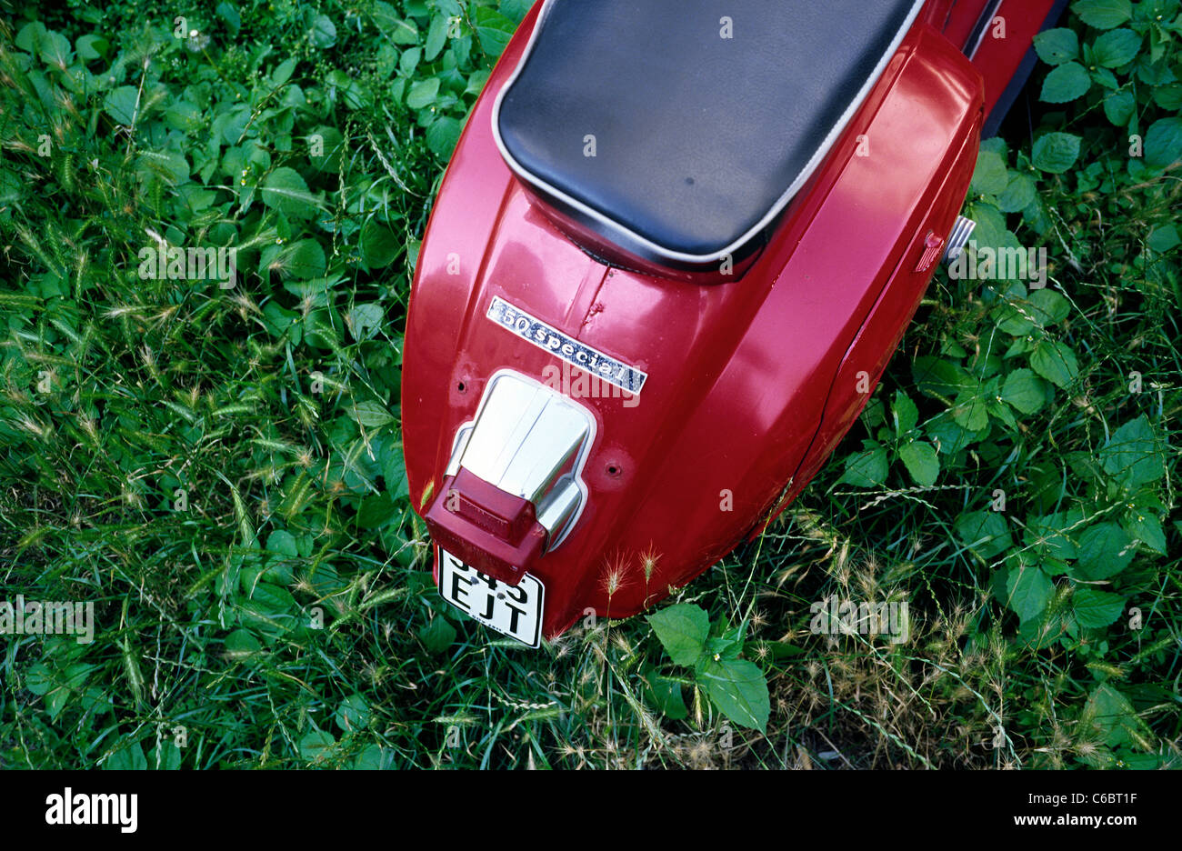 Rear detail of a classic Vespa scooter parked on a lawn Stock Photo - Alamy