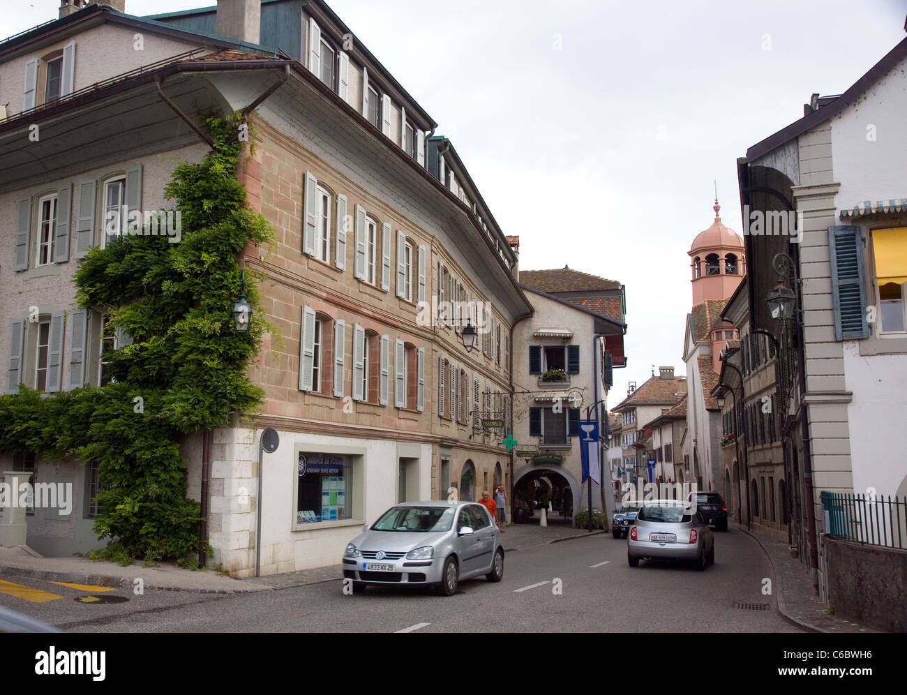 Road through village of Coppet near Lake Geneva along Route Suisse ...