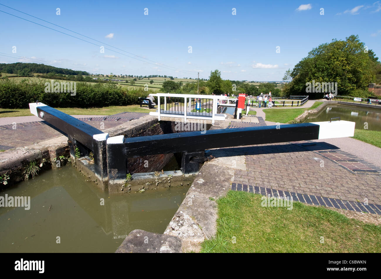Lock Gates on the upper staircase of locks at Foxton Locks Stock Photo ...