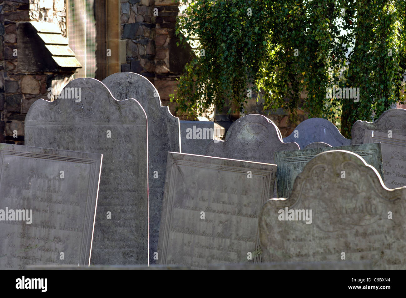 Slate gravestones in St. Mary`s churchyard, Anstey, Leicestershire ...