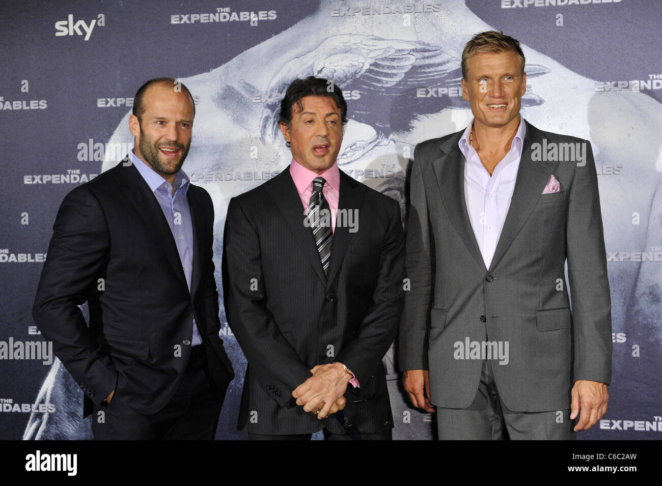 Jason Statham, Sylvester Stallone and Dolph Lundgren at a photocall for the upcoming movie 'The ...