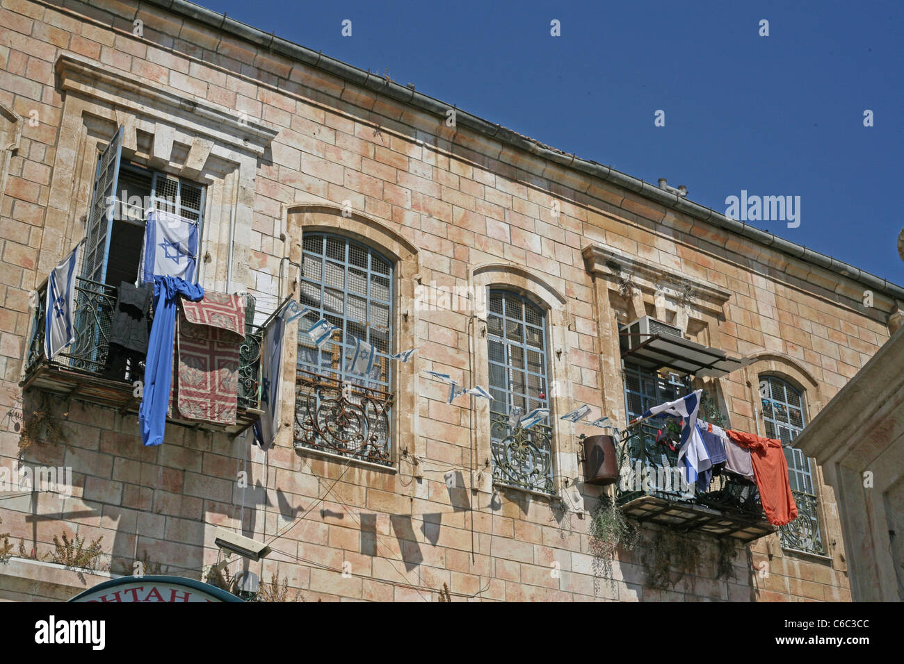 Washing hanging from a window in old city, Jerusalem, Israel, Palestine ...
