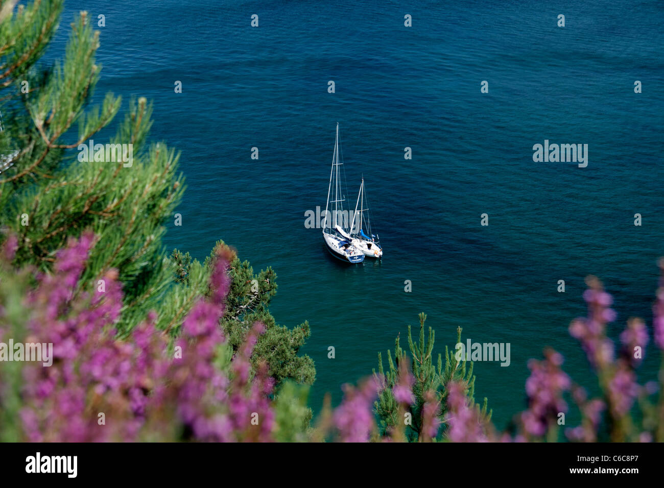 Two yachts anchored in the bay of Morgat, Crozon Peninsula (Finistère ...