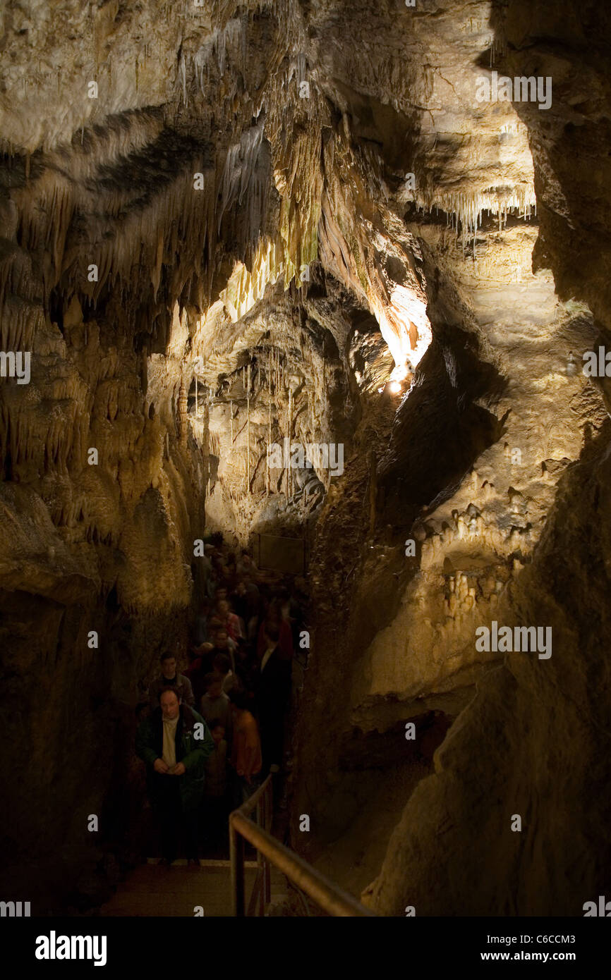 Tourists visiting the stalactites and stalagmites in the Caves of Han ...