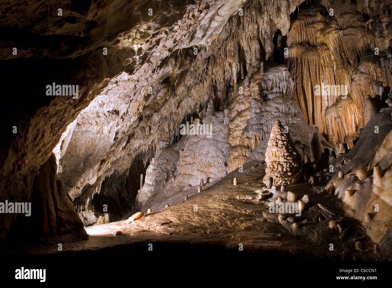 Stalactites and stalagmites in limestone cave of the Caves of Han-sur ...