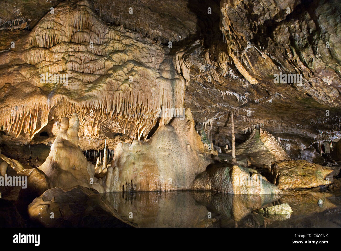 Stalactites and stalagmites and river Lesse running through Caves of ...