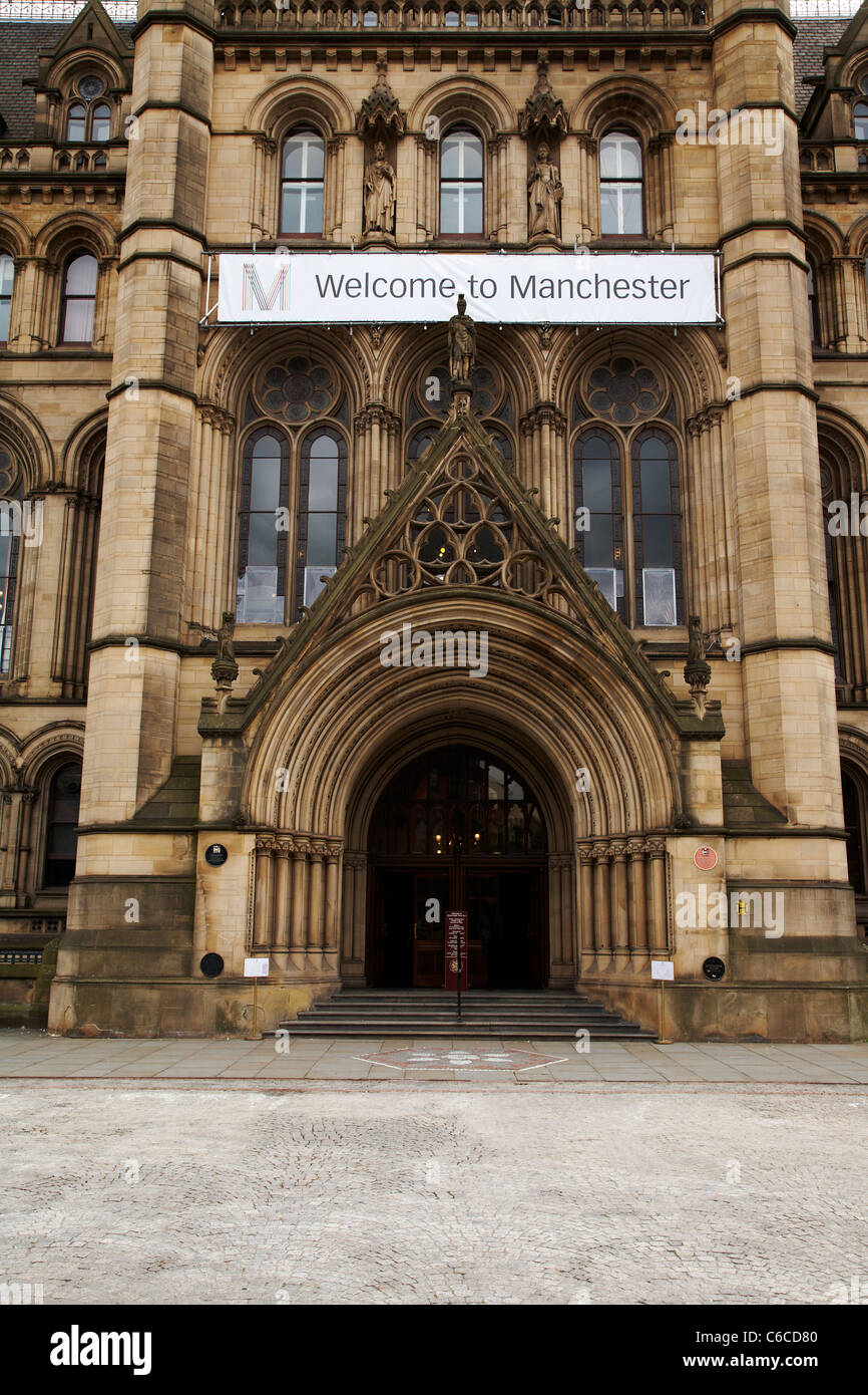 Welcome to Manchester banner on Town hall in Manchester UK Stock Photo ...